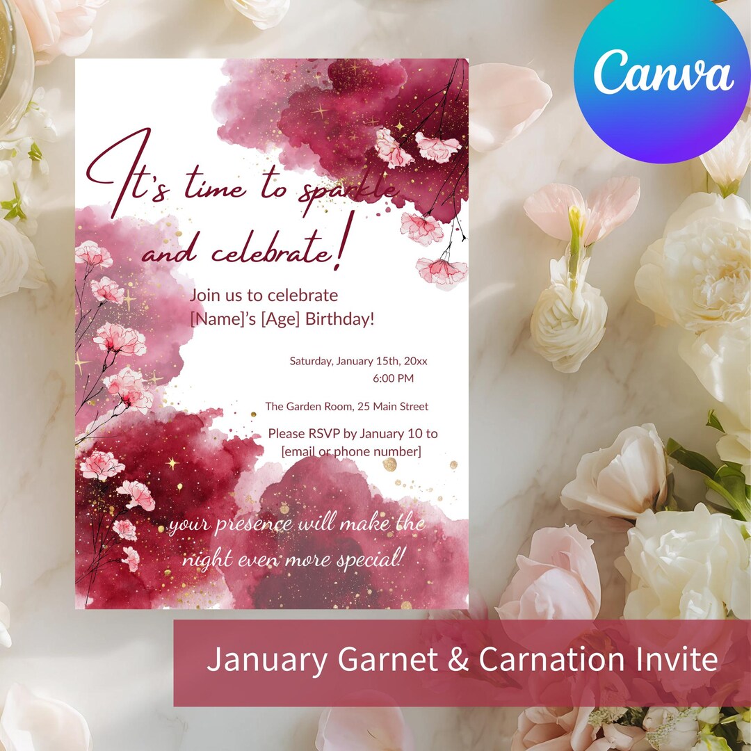 January Birthday Invitation Template – Garnet & Carnation Theme ...