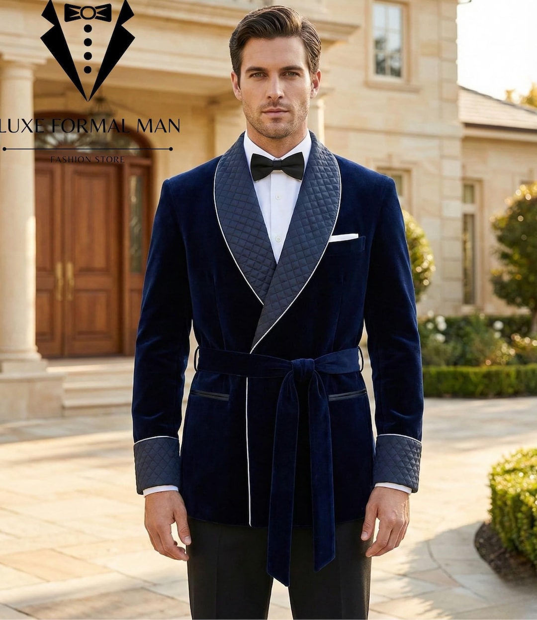 Men’s Navy Blue Velvet Smoking Jacket With Black Quilted Lapels White ...