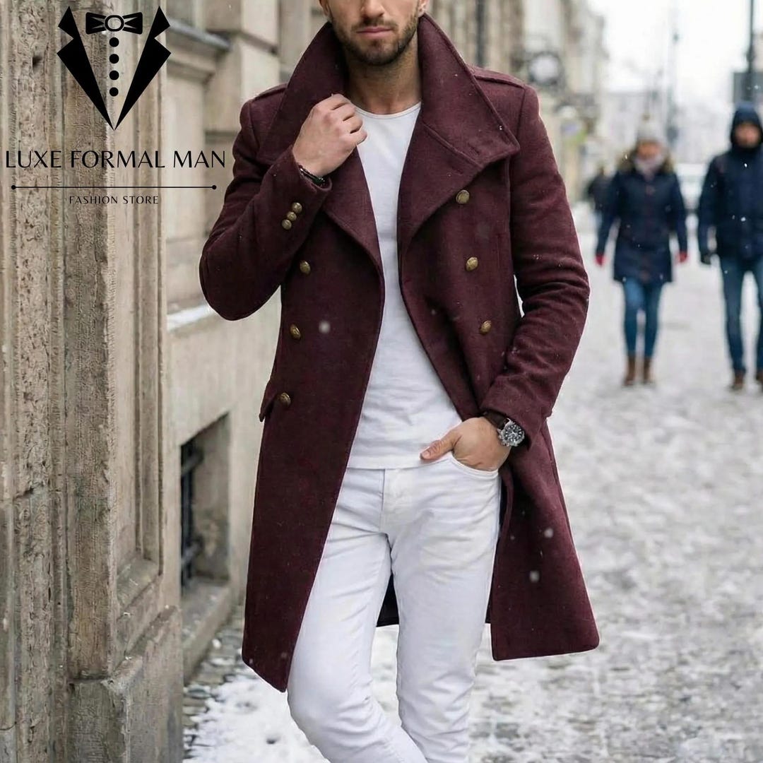 Men's Double-breasted Burgundy Wool Trench Coat With Golden Buttons ...