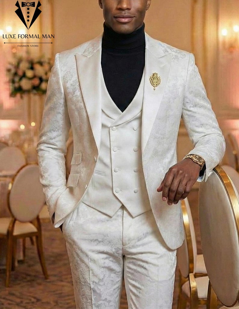 Men's Luxury White Jacquard Floral 3-piece Suit – Slim Fit Wedding ...