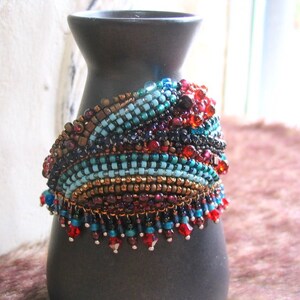 F A N T A S Y L E A F R E D B L U E Bead Embroidery Bracelet - Etsy