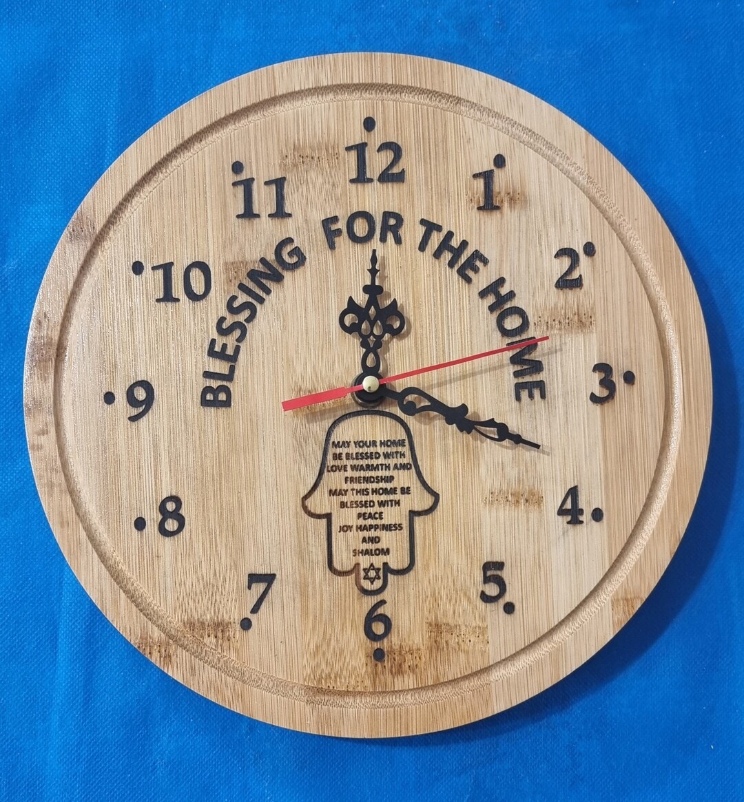 Jewish Wooden Home Blessing Wall Clock, Hamsa Israeli Judaica Art ...