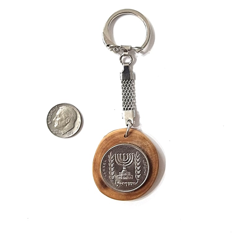 Olive Wood Keychain With Israeli Old Coin Lira Emblem of the - Etsy