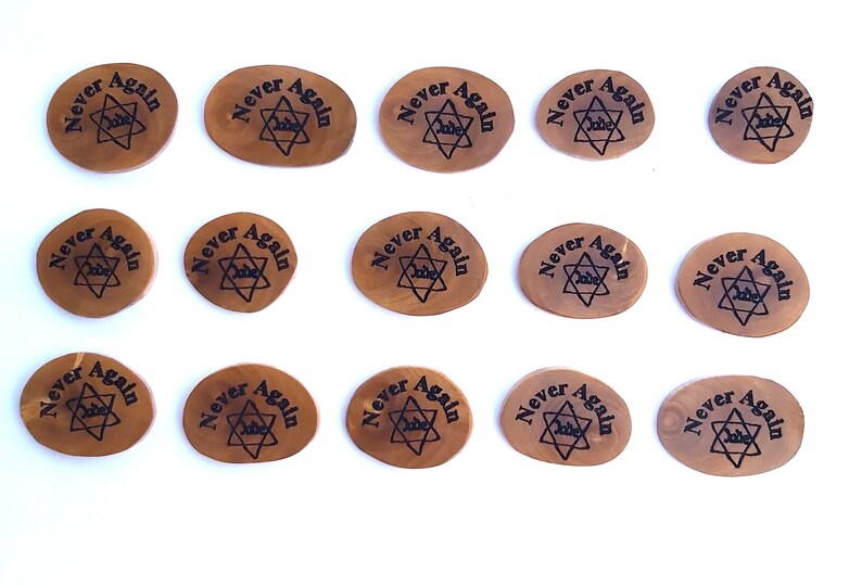 Never Again Pin Shoah Israeli Olive Wood Art Memorized Pin - Etsy