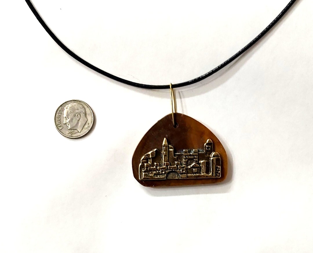 Jewish Gift Olive Wood Pendant Jewelry View of Jerusalem ירושלים ...