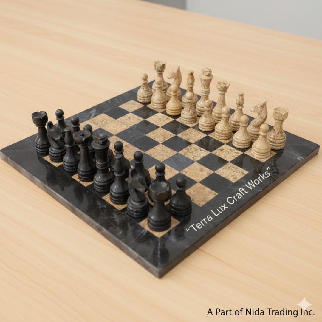Jet Black & Fossil Luxury Marble Chess Board Set - Handmade Chess ...