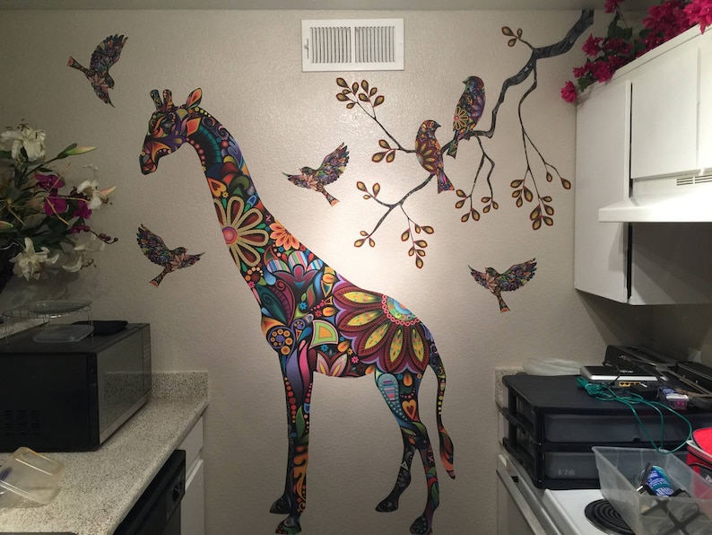 Giraffe Wall Decal - Colorful Floral Giraffe Peel & Stick Wall Sticker ...