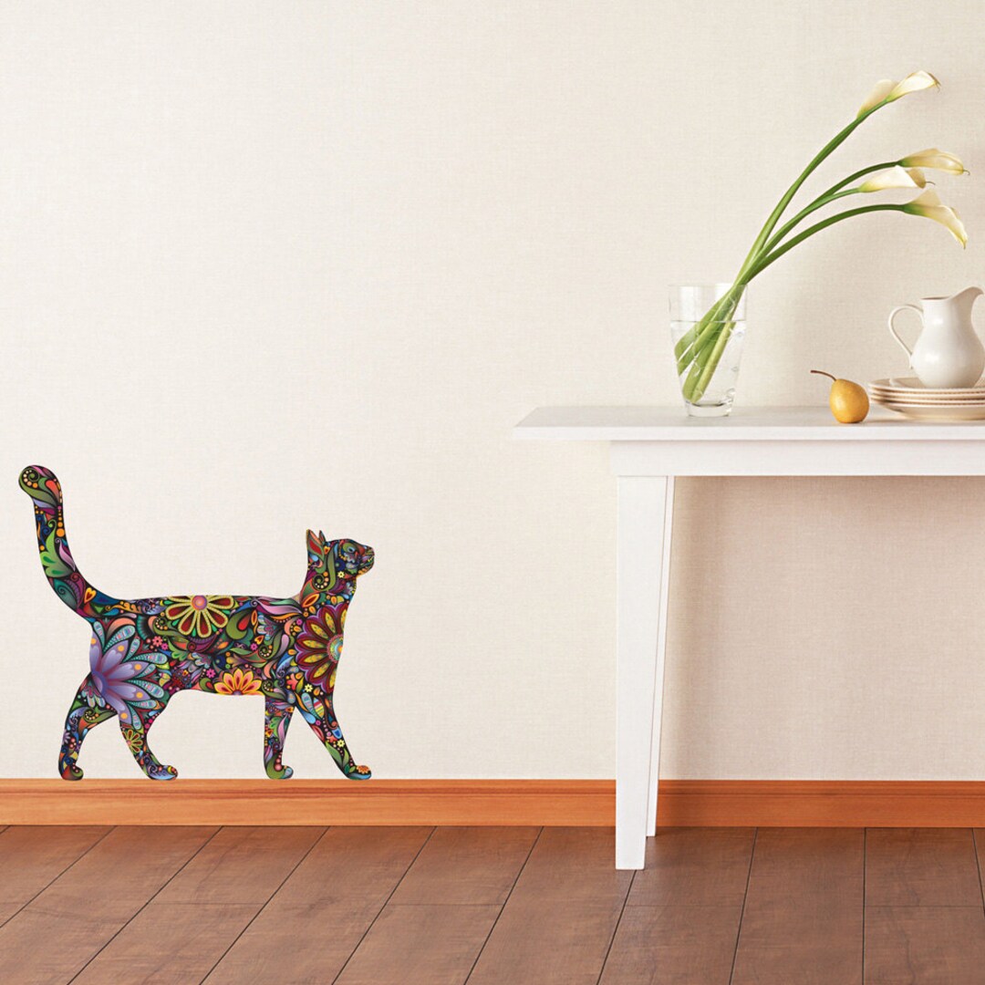 Walking Cat Wall Sticker - Repositionable Floral Cat Wall Decal - Etsy