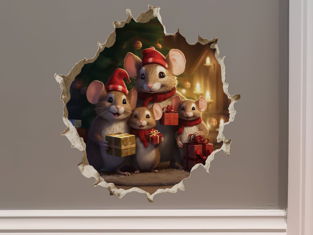 Christmas Family Mice in Mouse Hole Decal - Mouse Hole 3D Wall Sticker ...