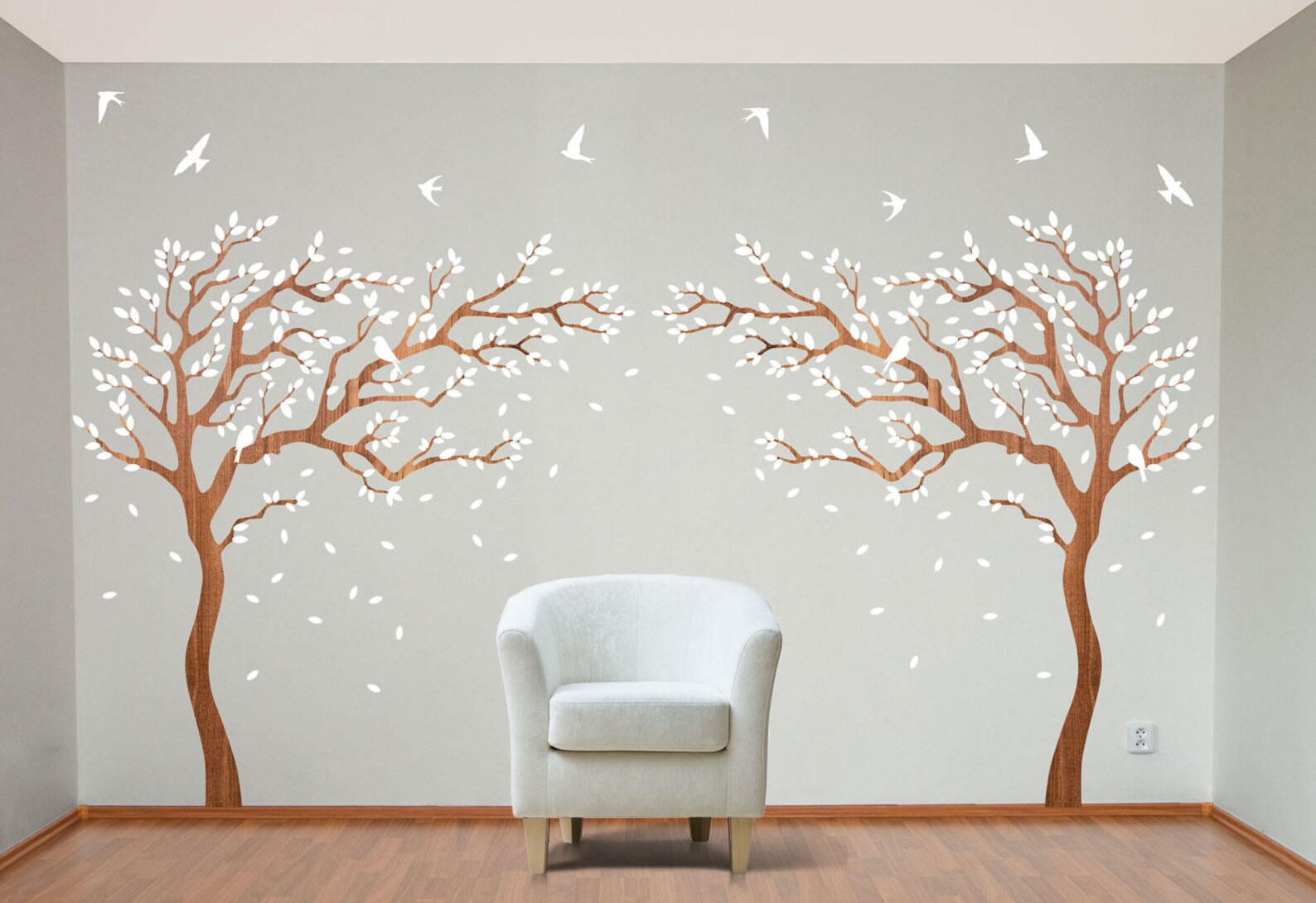 Breezy Tree Wall Decal and Bird Stickers in White and Wood Grain - Etsy