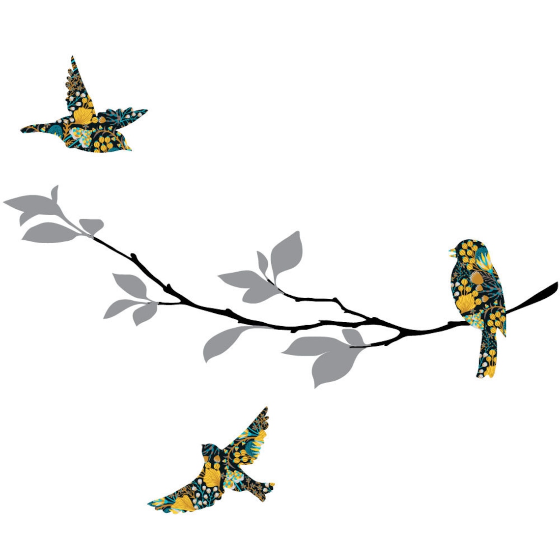 Birds and Tree Branch Wall Decal Set Floral Harvest Pattern - Etsy