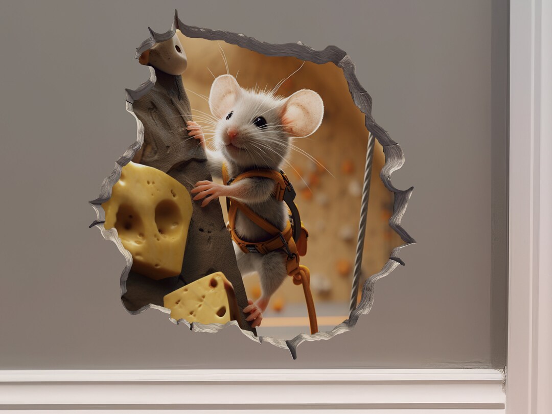 Rock Climbing Cheese Mouse in Mouse Hole Decal - Mouse Hole 3D Wall ...