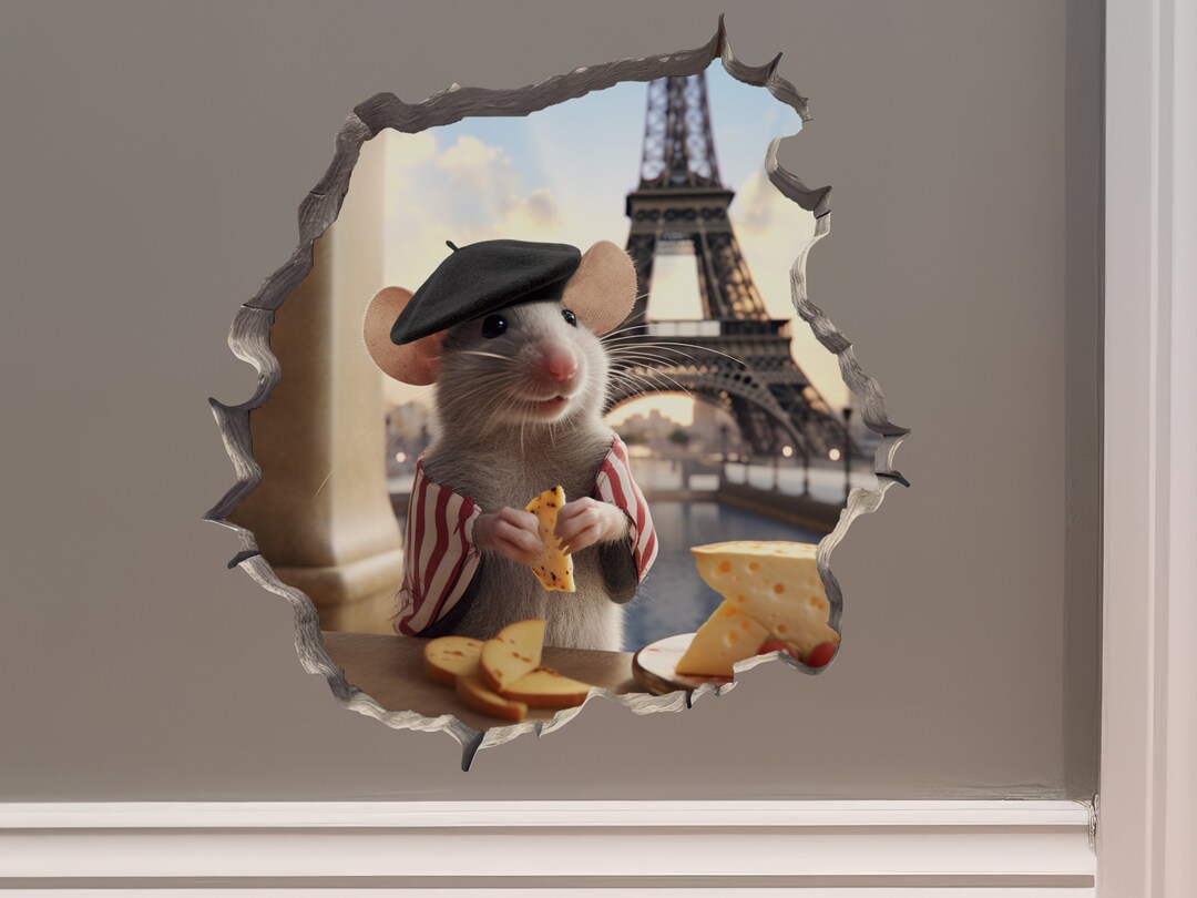 French Eiffel Tower Mouse in Mouse Hole Decal - Mouse Hole 3D Wall ...