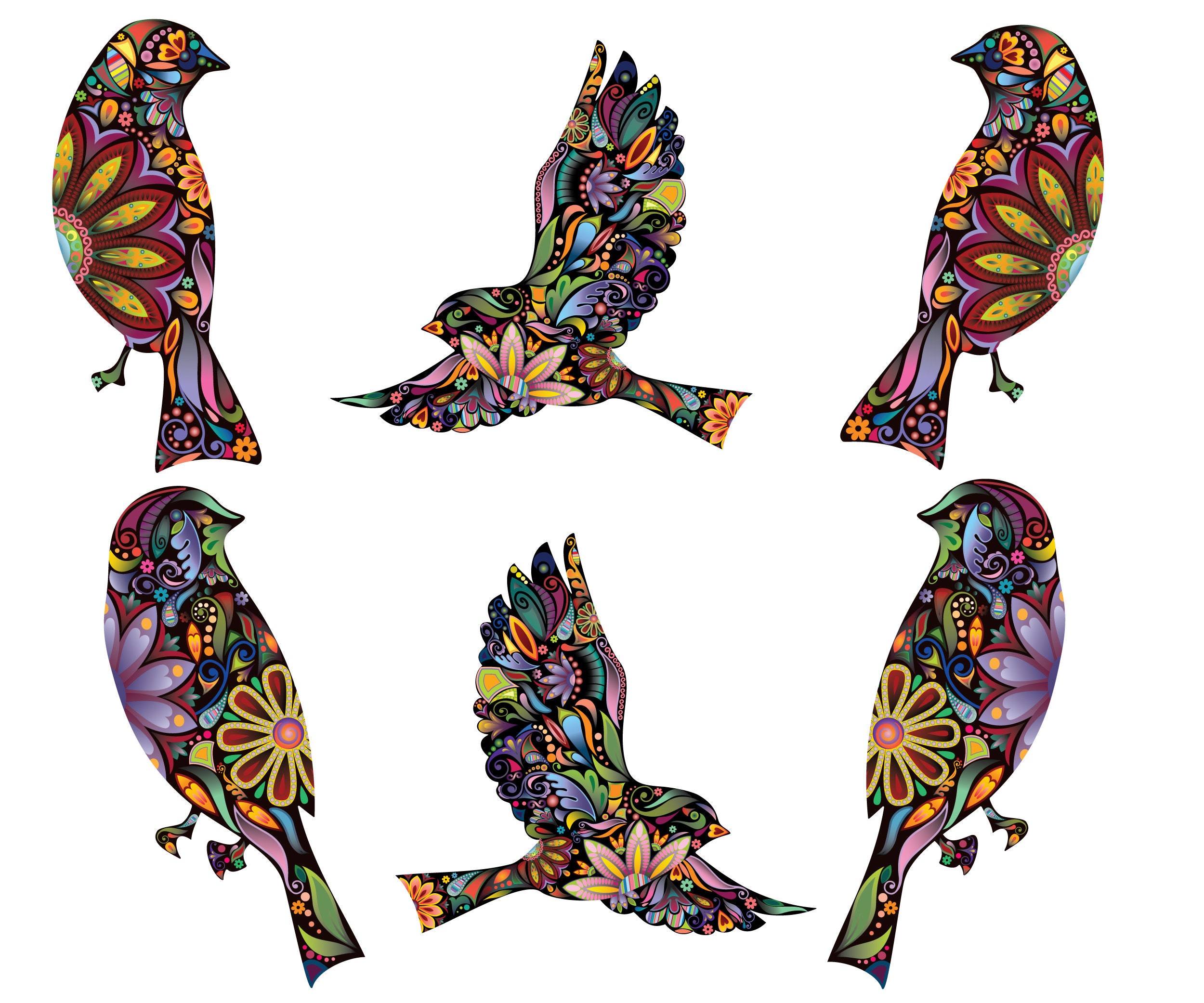 Bird Decals - Set of 6 Flying and Sitting Bird Wall Stickers in ...