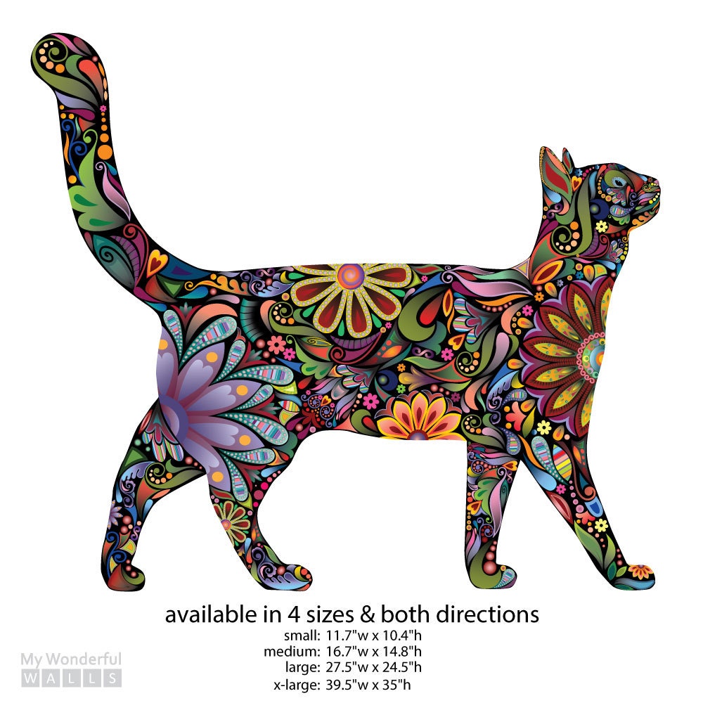 Walking Cat Wall Sticker - Repositionable Floral Cat Wall Decal - Etsy