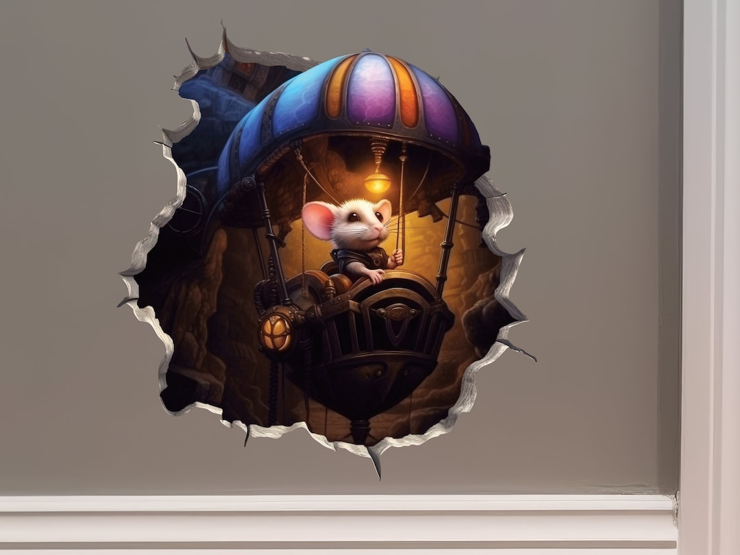Steampunk Mouse in Flying Machine Mouse Hole Decal - Mouse Hole 3D Wall ...