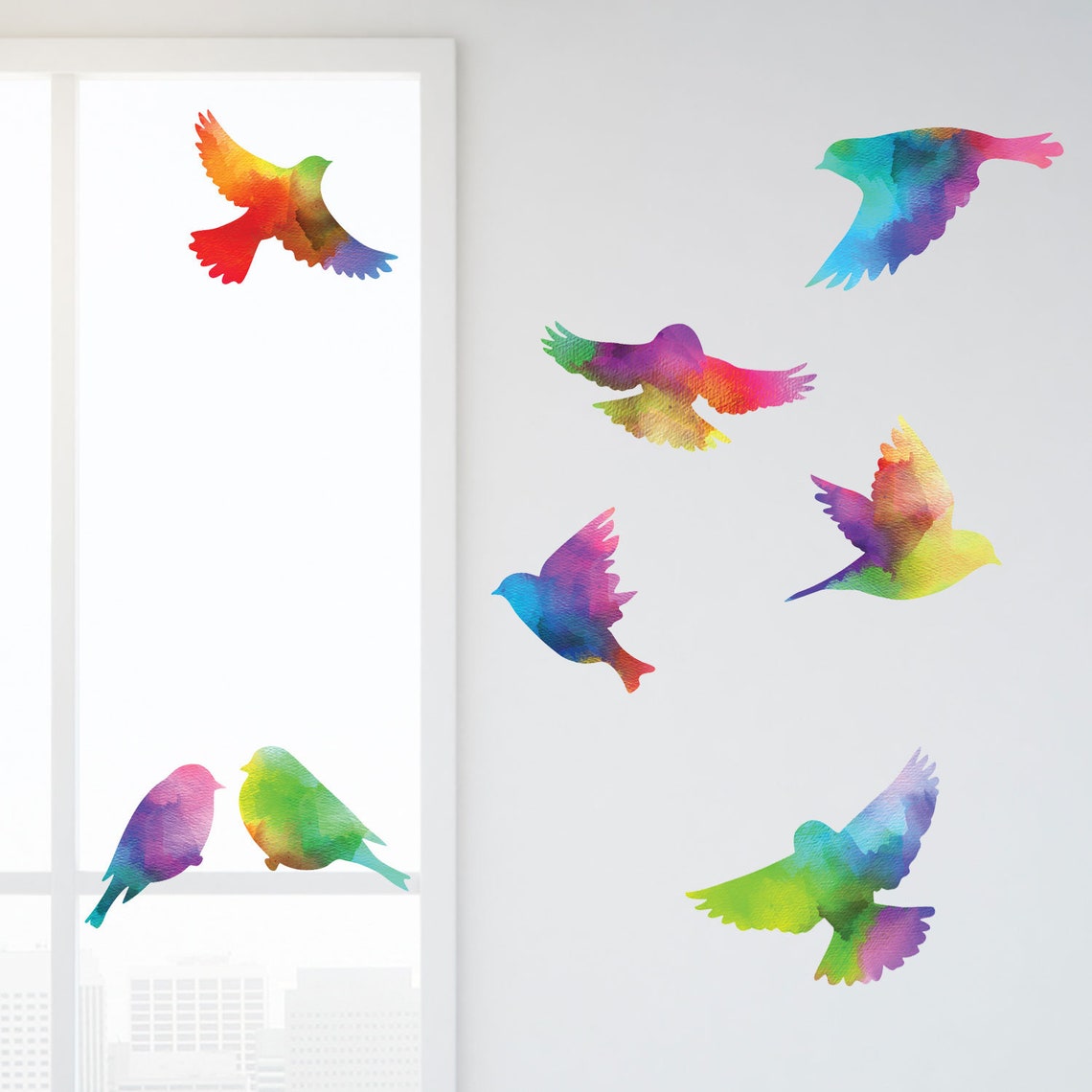 Bird Decals Set of 8 in Watercolor Rainbow Pattern | Etsy