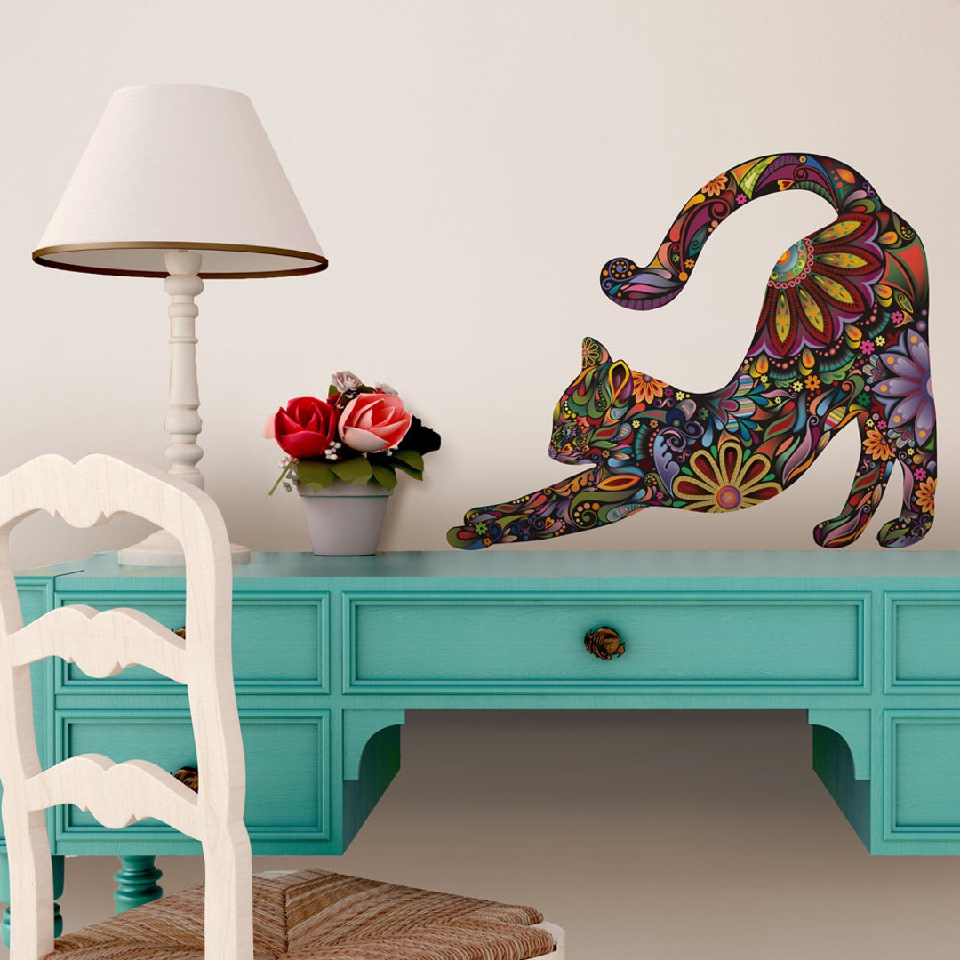 Stretching Cat Wall Sticker - Repositionable Floral Cat Wall Decal - Etsy