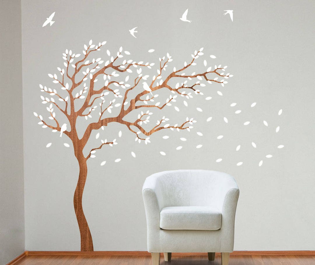 Breezy Tree Wall Decal and Bird Stickers in White and Wood Grain - Etsy