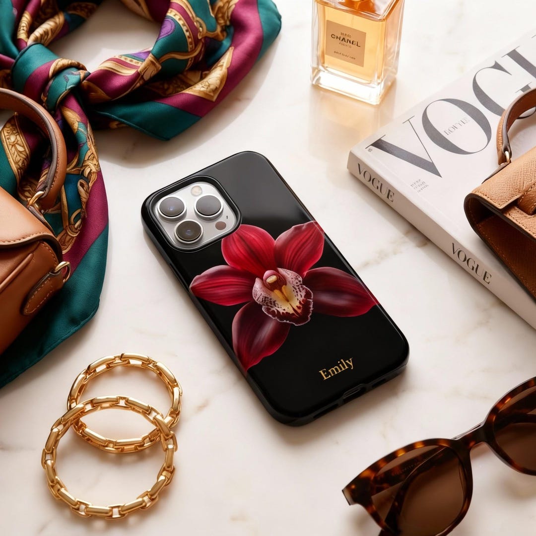Personalized Elegant Red Orchid Phone Case | Custom Name Black Floral ...
