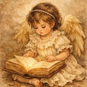 Angel Child Reading Book Art Print, Ethereal Vintage Watercolor ...