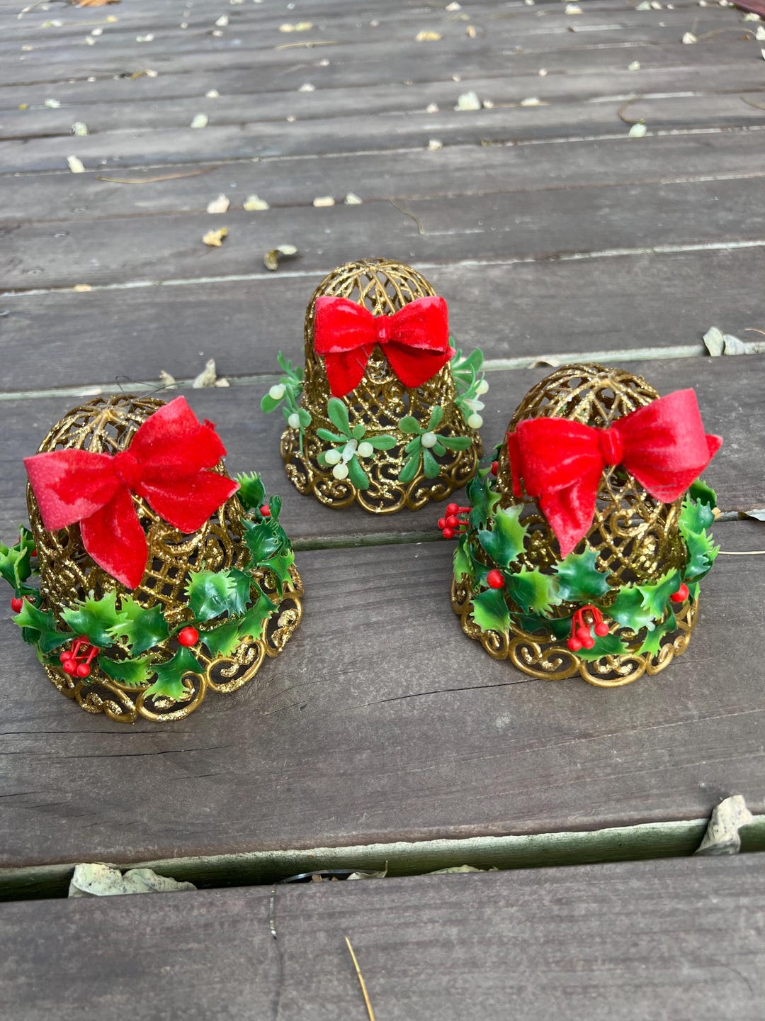 3 Vintage Plastic Gold Fillagree Christmas Bells With Flocked Red Bows ...