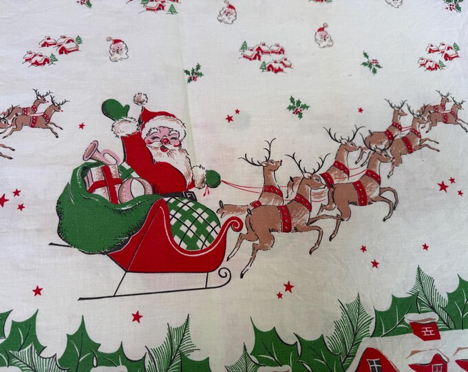 Vintage MCM Santa and Sleigh Fabric Scrap 66x22.5” / Kitschy Santa ...
