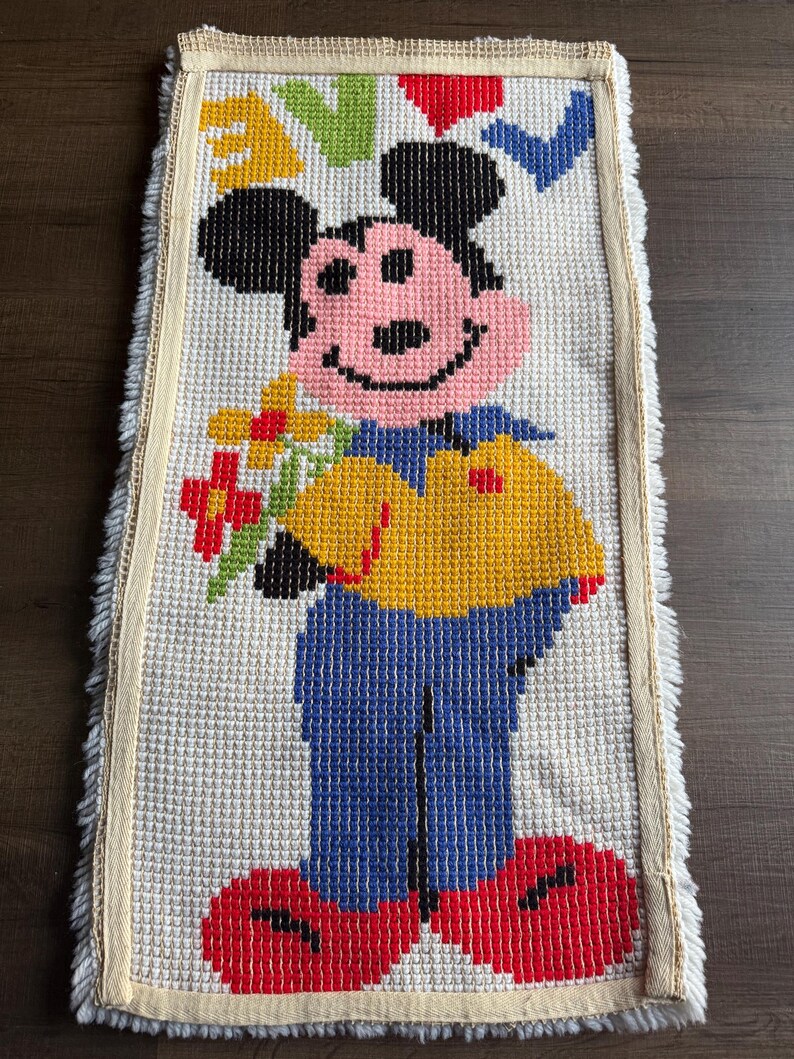 Vintage 70s Love Mickey Mouse Shag Yarn Latch Hook Wall Hanging or Rug 32.5x17" Disney - Etsy