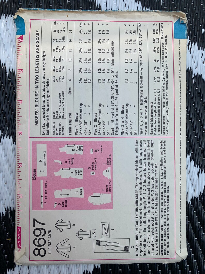 Vintage Simplicity 8697 Blouse Pattern Circa 1970 Size 12 | Etsy
