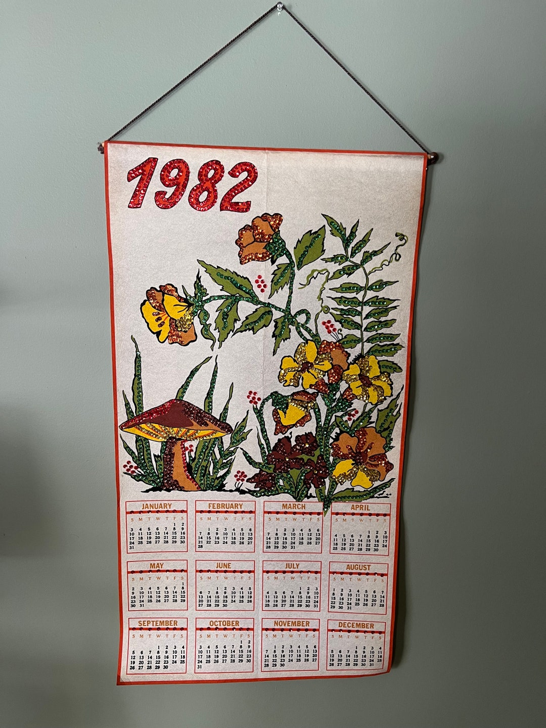 Vintage 1982 Mushroom and Flowers Sequin Felt Banner Calendar - Etsy