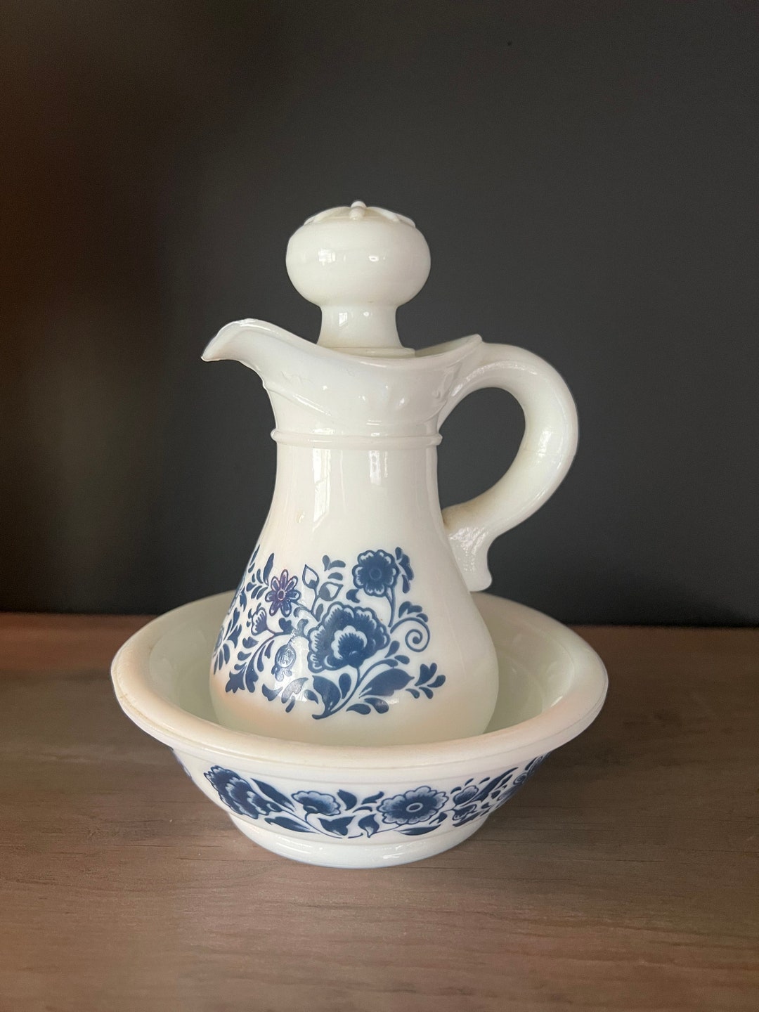 Vintage Avon Milk Glass Pitcher and Bowl: Delft Blue Floral Bath Set - Etsy