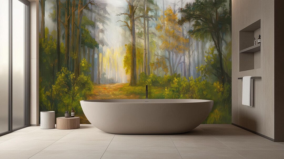 Sunlit Forest Path Wall Mural, Lush Green and Misty Landscape Wallpaper ...