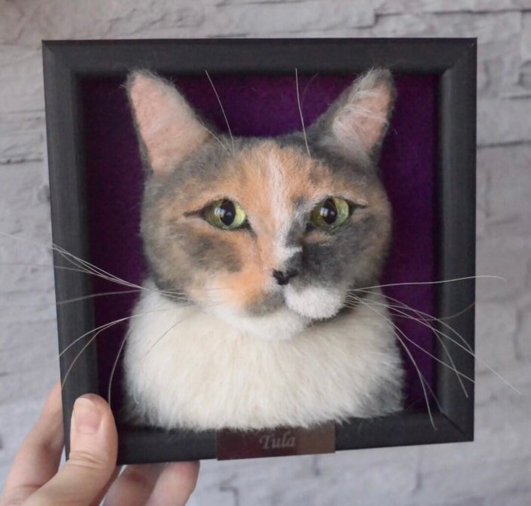 Tri Color Cat Portrait Sculpture Needle Felted Cat Shadow Box Realistic ...