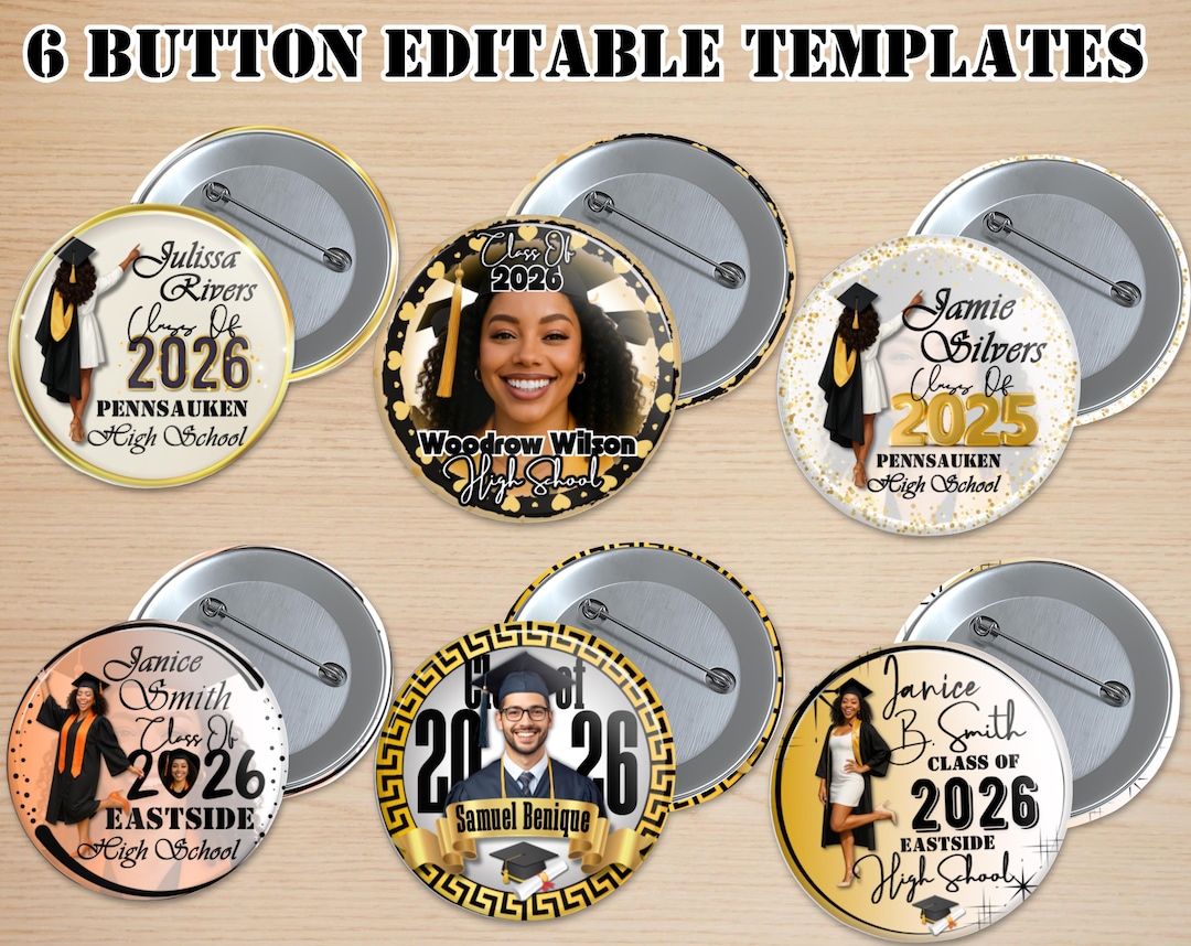 Editable Graduation Button Templates | Class of 2026 | 6 Canva Pro ...