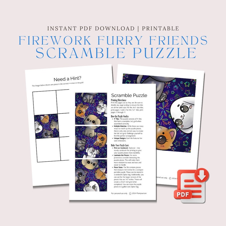Firework Furry Friends Printable Kawaii Animal Puzzle Fourth of July ...