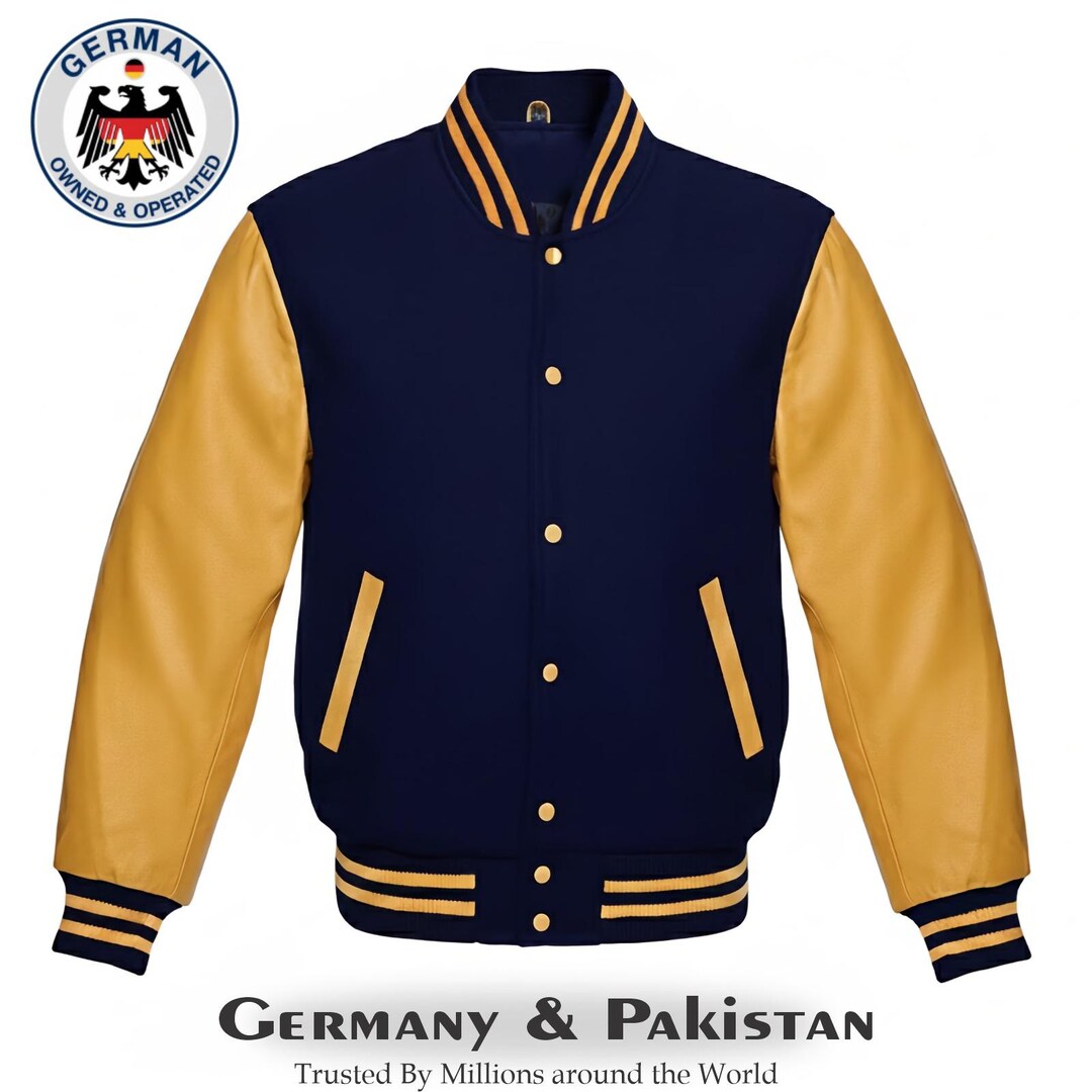 Navy Blue and Yellow Varsity Letterman Jacket - Wool Body & Genuine ...