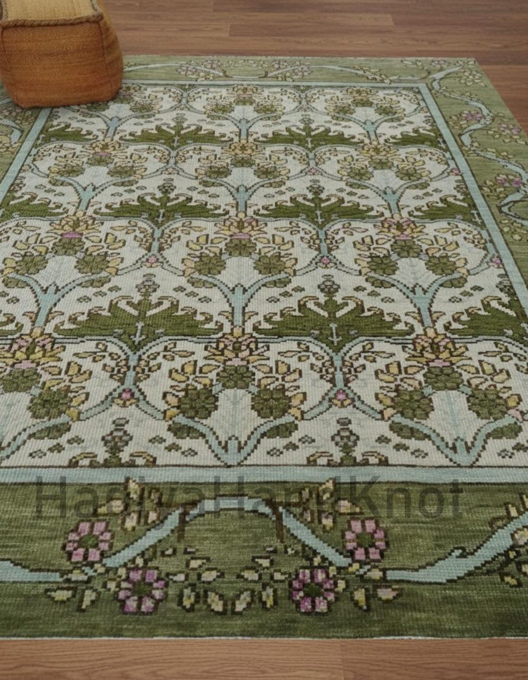 Hand Knotted Wool Rug, Floral Art Nouveau, Green Cottagecore Carpet - Etsy