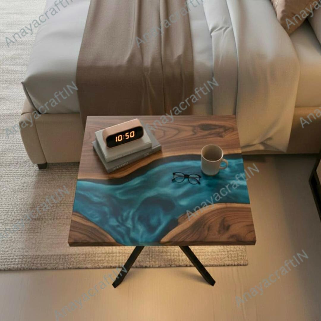 Blue Epoxy Resin Natural Wood Bedside Table Handmade Nightstand - Etsy