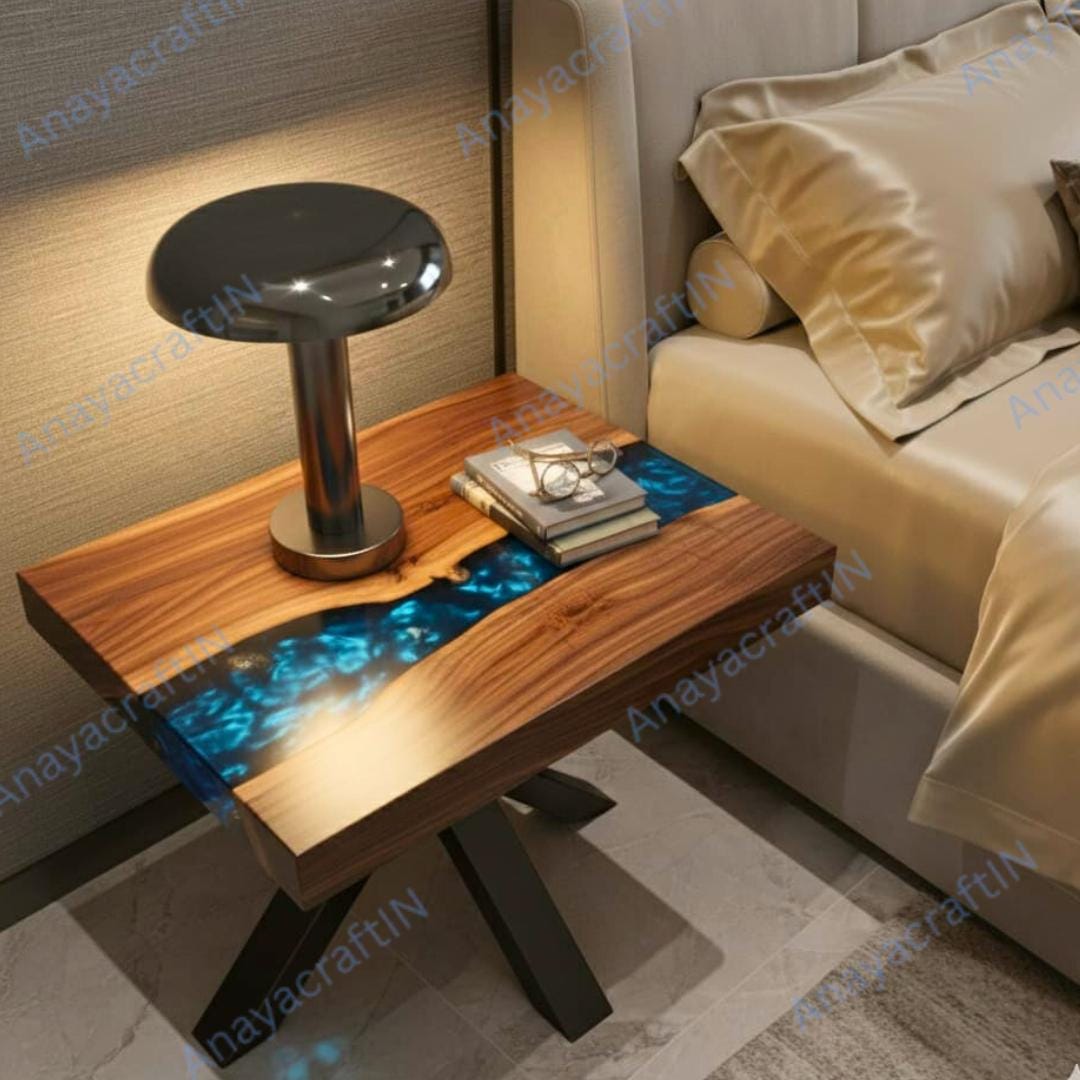 Handmade Natural Wood Nightstand Luxury Blue Epoxy Resin Bedside Table ...