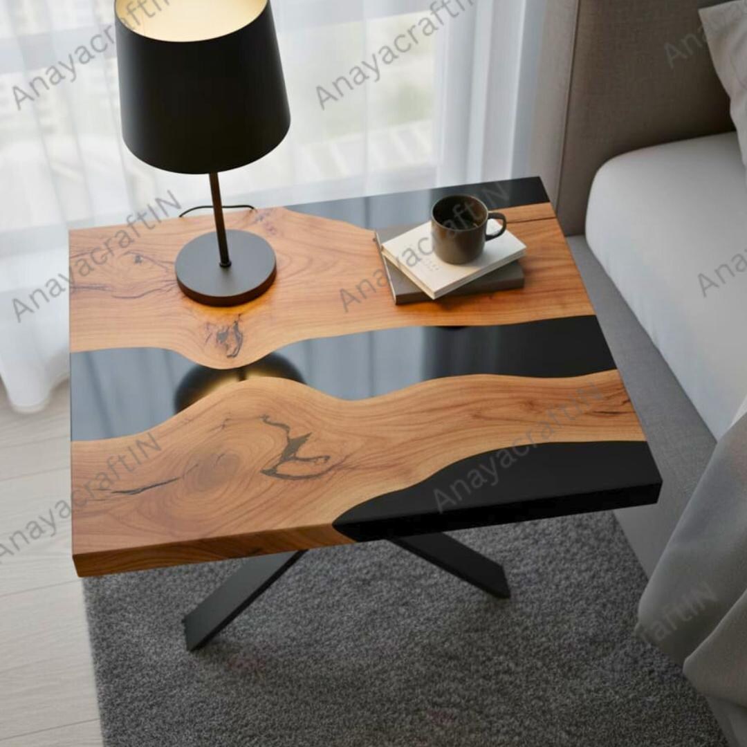 Luxury Black Epoxy Resin Nightstand | Solid Natural Wood Bedside Table ...