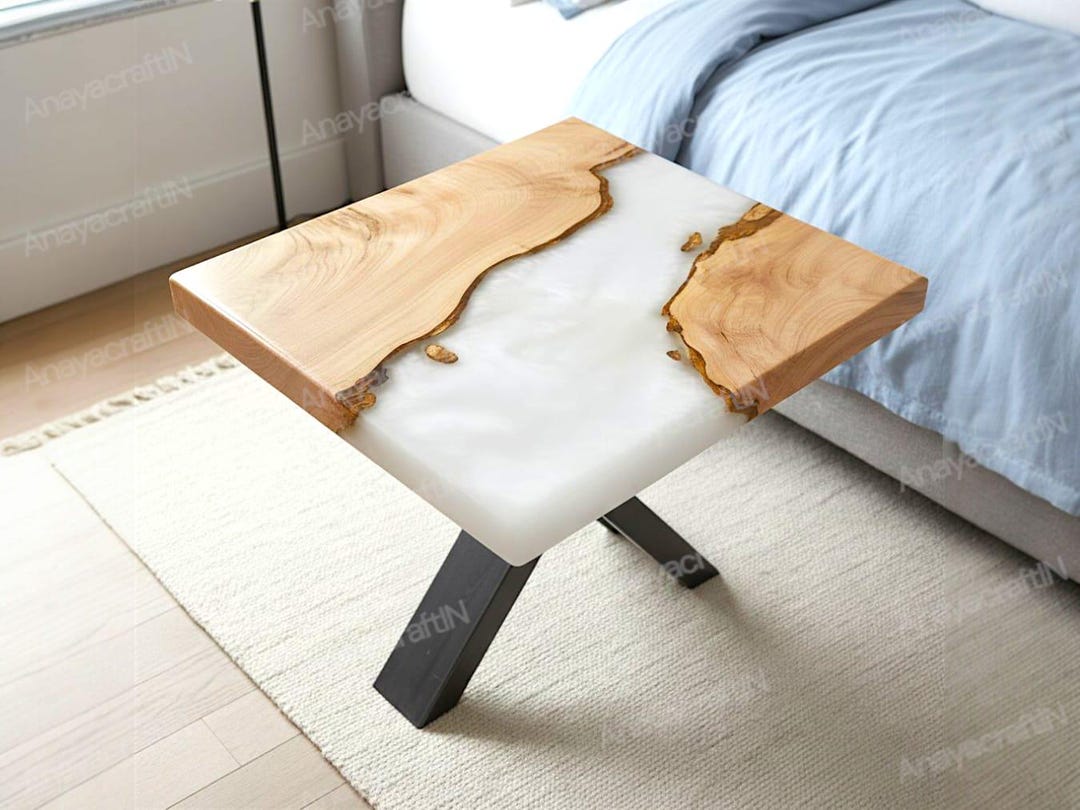 Luxury Bedside White Epoxy Resin Table Handmade Natural Wood Nightstand ...
