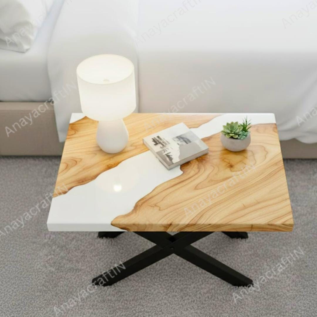 White Epoxy Resin Bedside Table Handmade Natural Wood Nightstand - Etsy