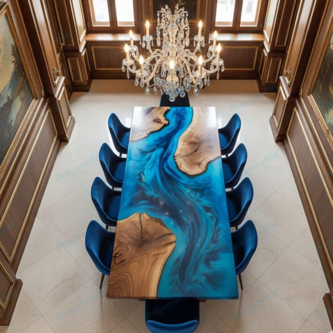 Natural Wood Blue Epoxy Resin Table | Dining Table Unique Handmade - Etsy