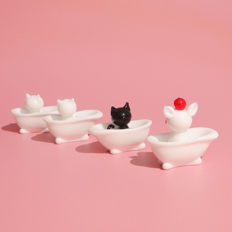 Handmade Glass Cat-in-bathtub Figurines – Whimsical Lampwork Mini Cats ...