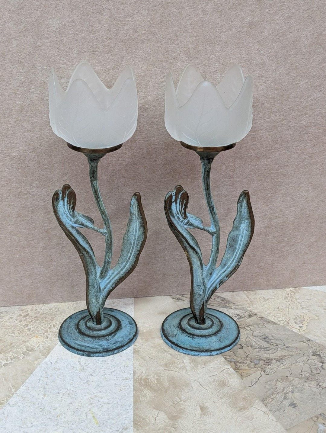 Vintage Home Interiors Verdigris Tulip Candle Holders Pair 1997 - Etsy