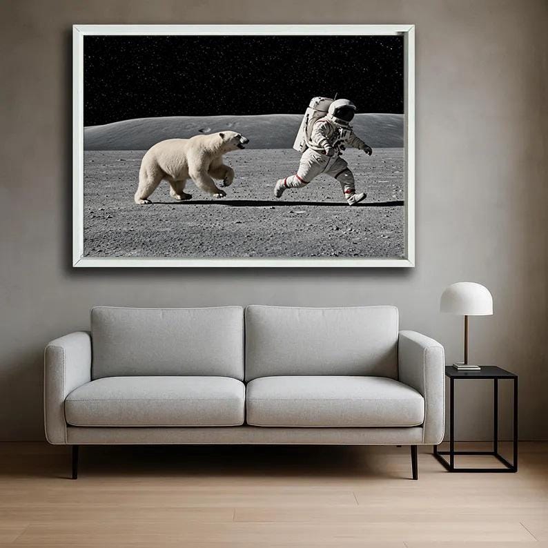Funny Astronaut Canvas Art, Polar Bear Space Wall Decor, Surreal Moon ...