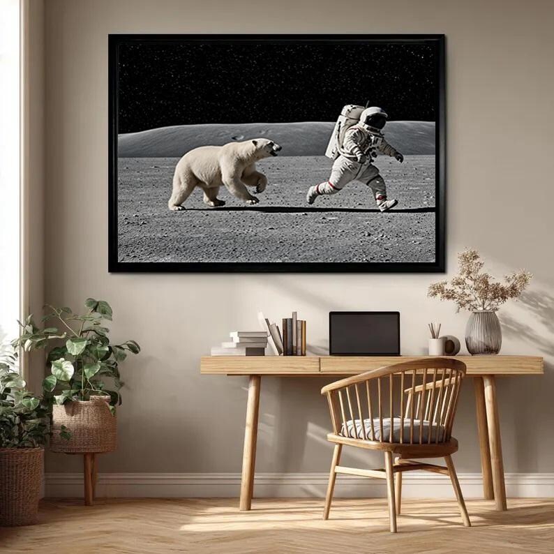 Funny Astronaut Canvas Art, Polar Bear Space Wall Decor, Surreal Moon ...