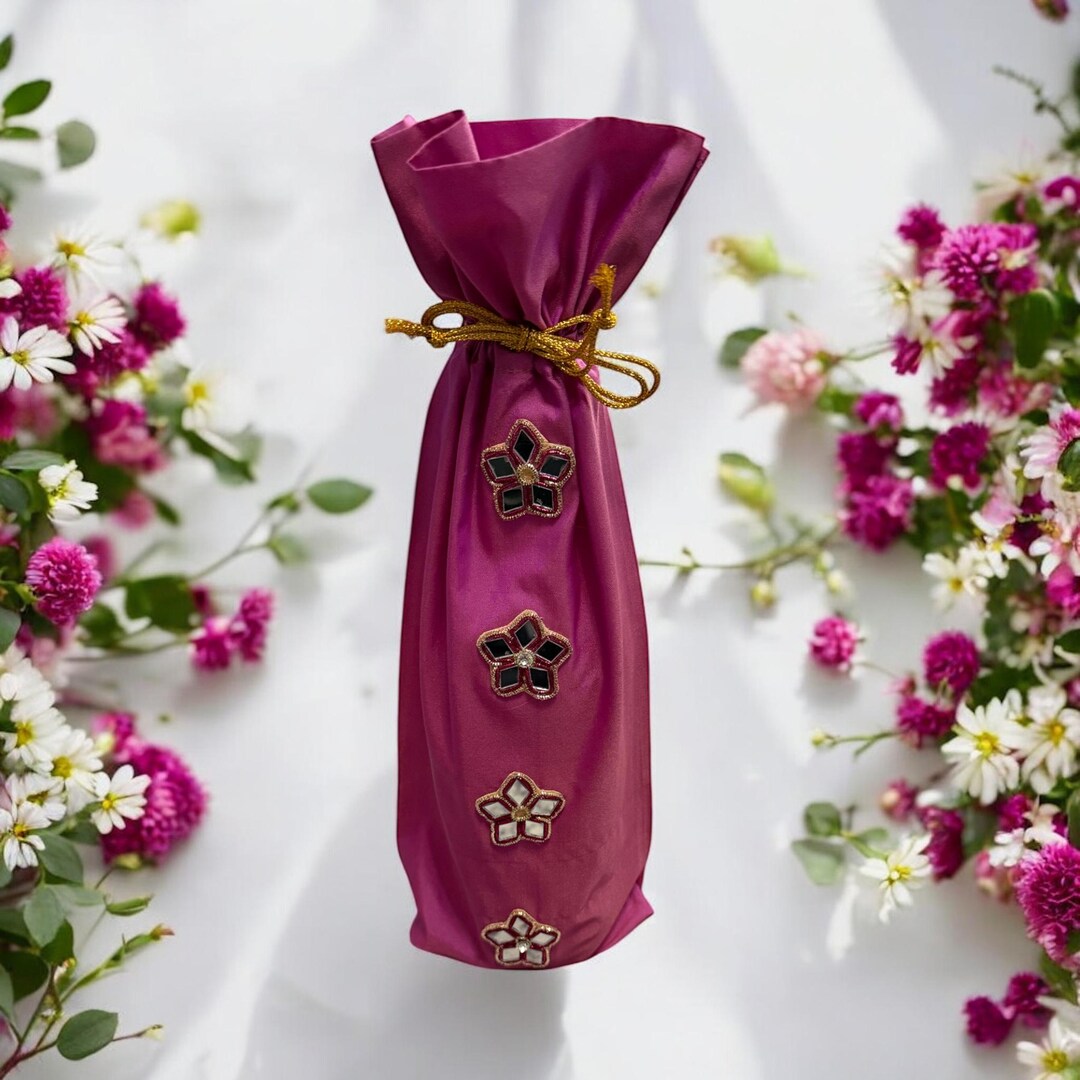 Fuchsia Wine Bag With Mirror Appliqué, Handmade Hostess Gift - Etsy