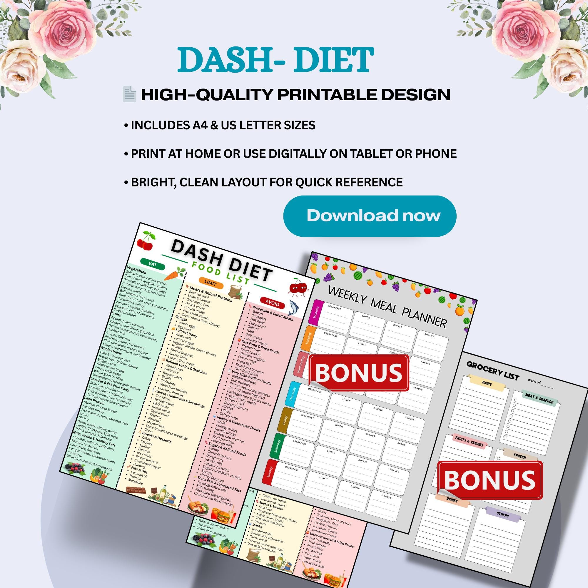 DASH Diet Food List Printable PDF, Dash Diet Meal Plan & Food Chart ...
