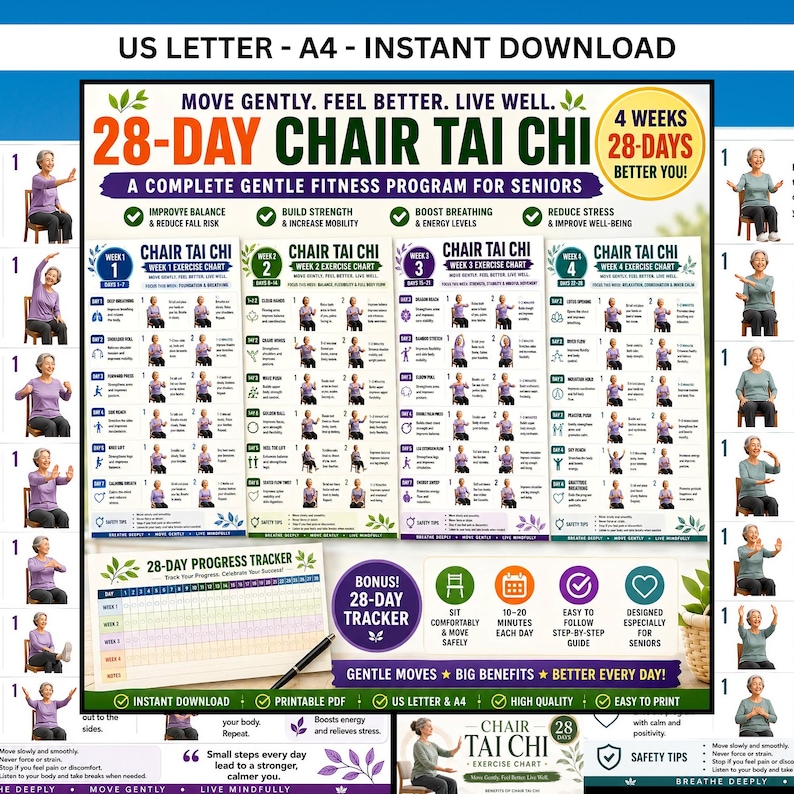 Chair Tai Chi Workout for Seniors Printable Poster Bundle 28 Day ...